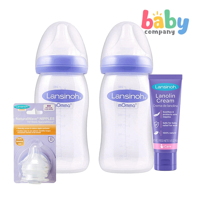 Lansinoh Momma 2-Pack Feeding Bottle 240ml with Fast-Flow Nipple and L ...